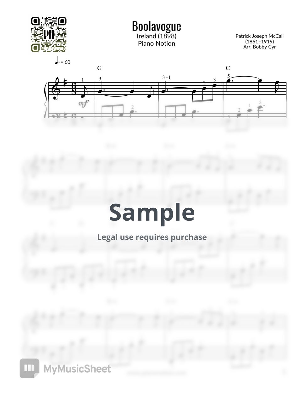 Patrick Joseph McCall - Boolavogue (Easy Piano) Sheet Music by Piano Notion