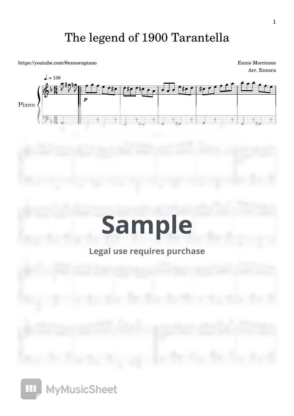 Ennio Morricone - The Legend of 1900 - Tarantella in 3 rd Class piano solo Sheet Music by Ennora