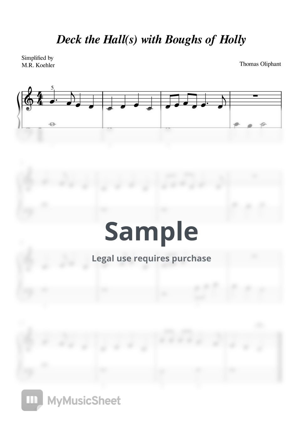 Thomas Oliphan - Deck the Halls (Beginner) Sheet Music by Marcia Rosa ...