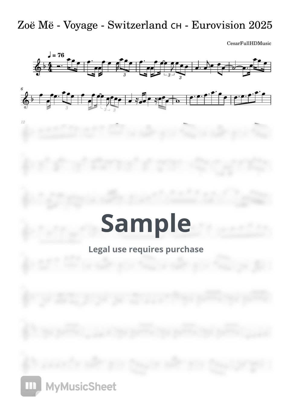 Zoë Më - Voyage - Switzerland 🇨🇭 - Eurovision 2025 Sheets