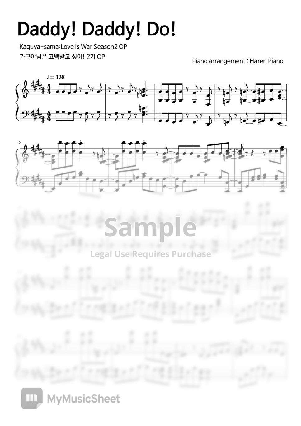 Kaguya-sama:Love is war season2 OP - Daddy Daddy Do Sheet Music by Haren Piano