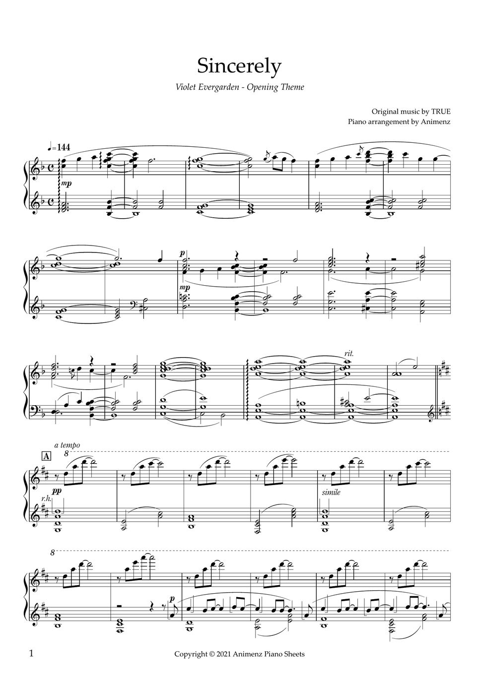 TRUE - Sincerely (Violet Evergarden OP) Sheets by Animenz