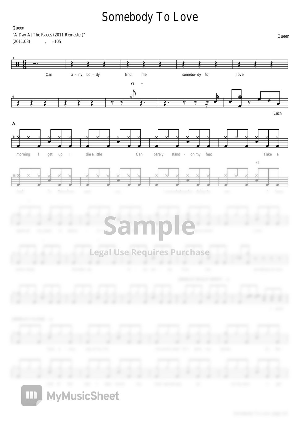 Queen - Somebody To Love 악보 by COPYDRUM