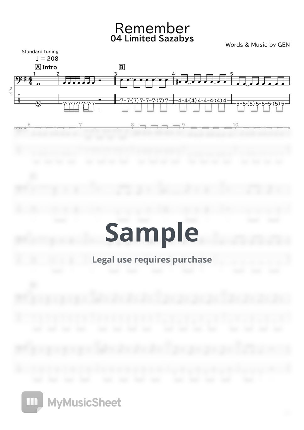 04 Limited Sazabys - Remember Tab + 단선 악보 by たぶべー＠財布に優しいベース楽譜屋さん（BASS・TAB譜）