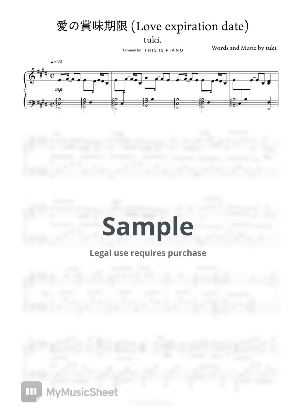 tuki. - 愛の賞味期限 (Love expiration date) Sheet Music by THIS IS PIANO