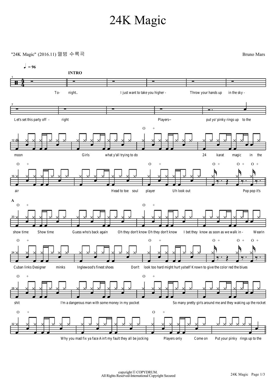 Bruno Mars - 24K Magic Sheets by COPYDRUM