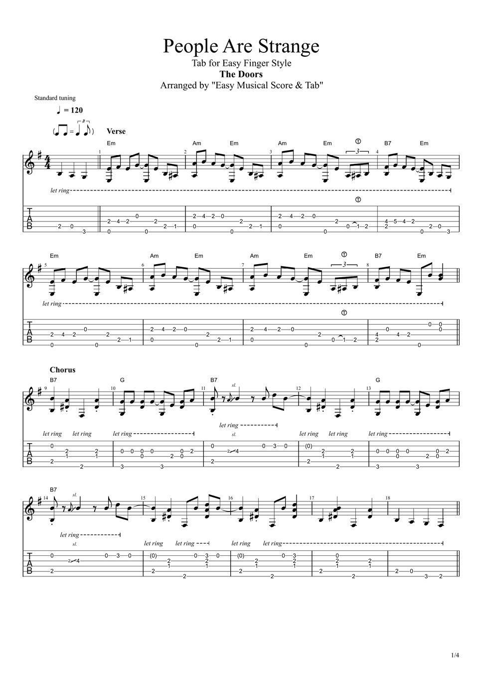 The Doors - People Are Strange (Tab for Easy Finger Style) Tab + 1staff ...