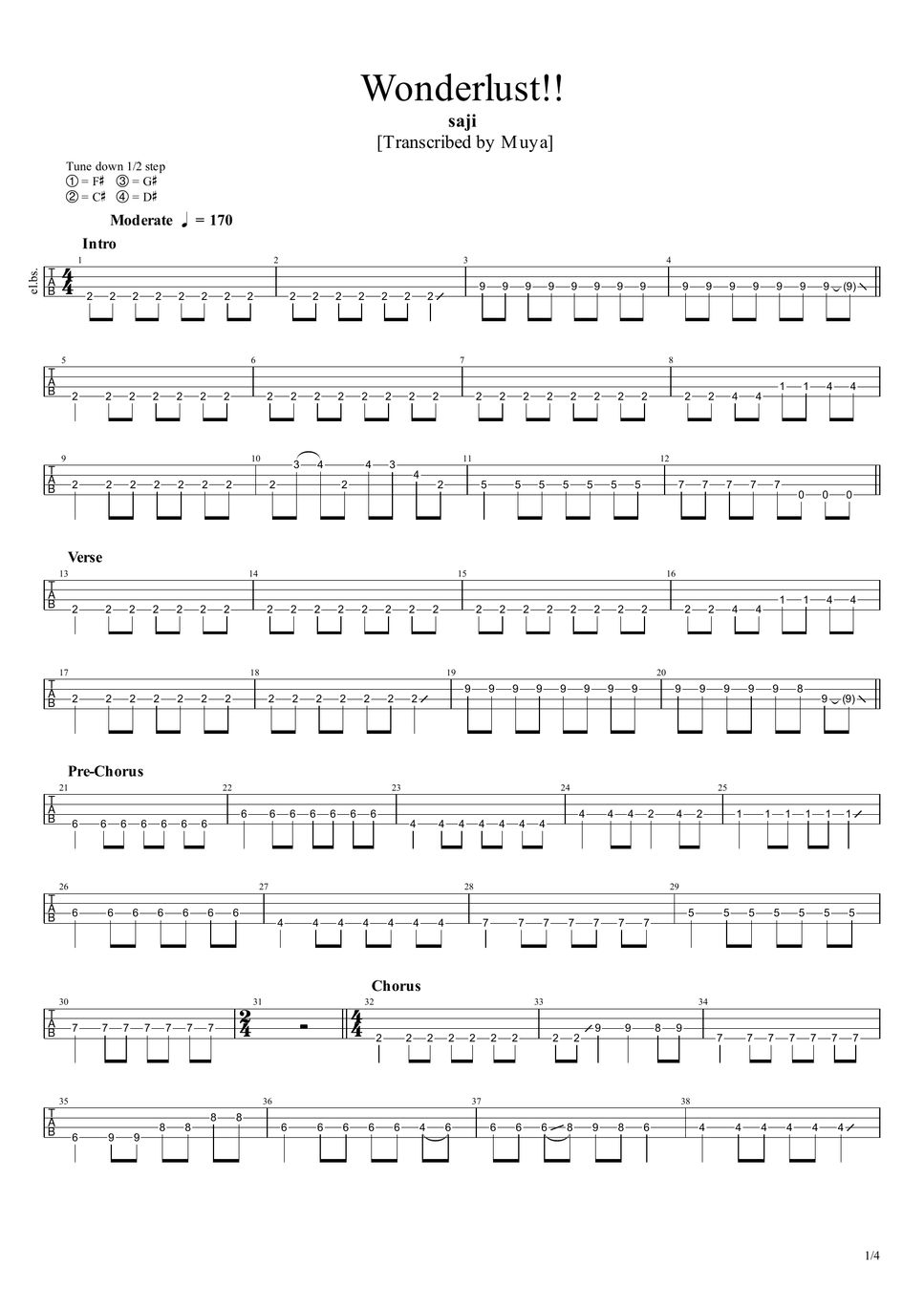 saji - Wonderlust!! (Bass TAB) Sheets by Muya