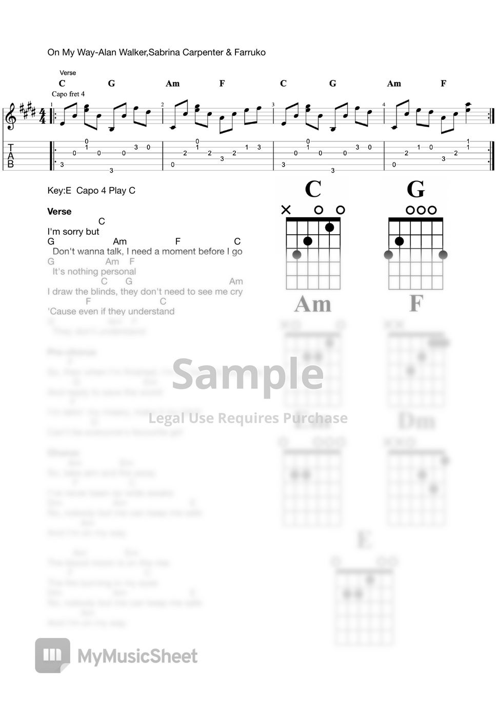 Alan Walker, Sabrina Carpenter & Farruko - On My Way (Capo 4 fret) Hoja ...