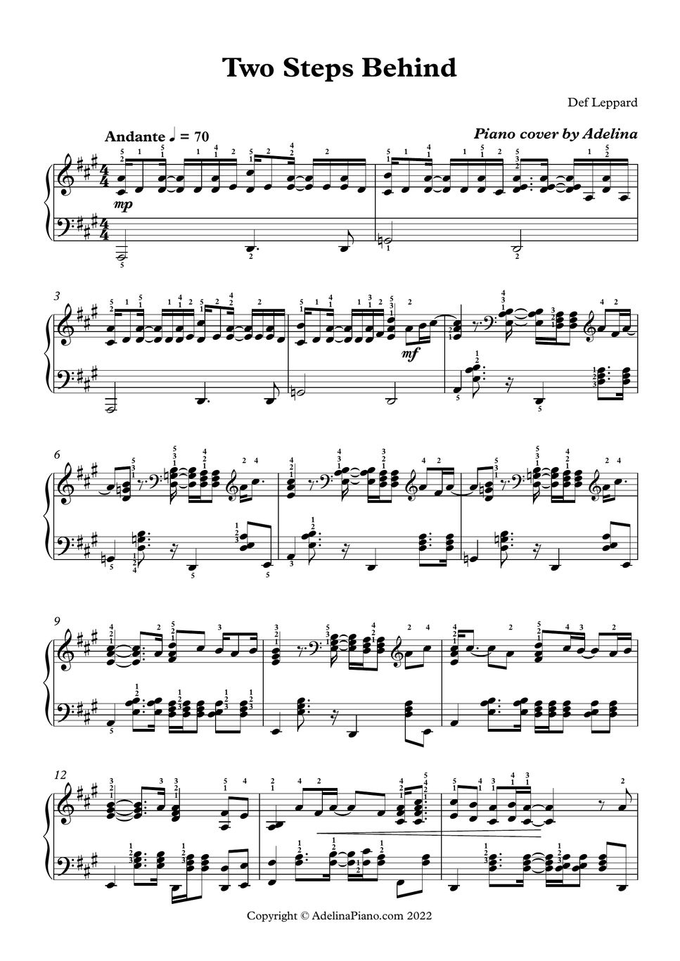 Def Leppard - Two Steps Behind Sheet by Adelina Piano