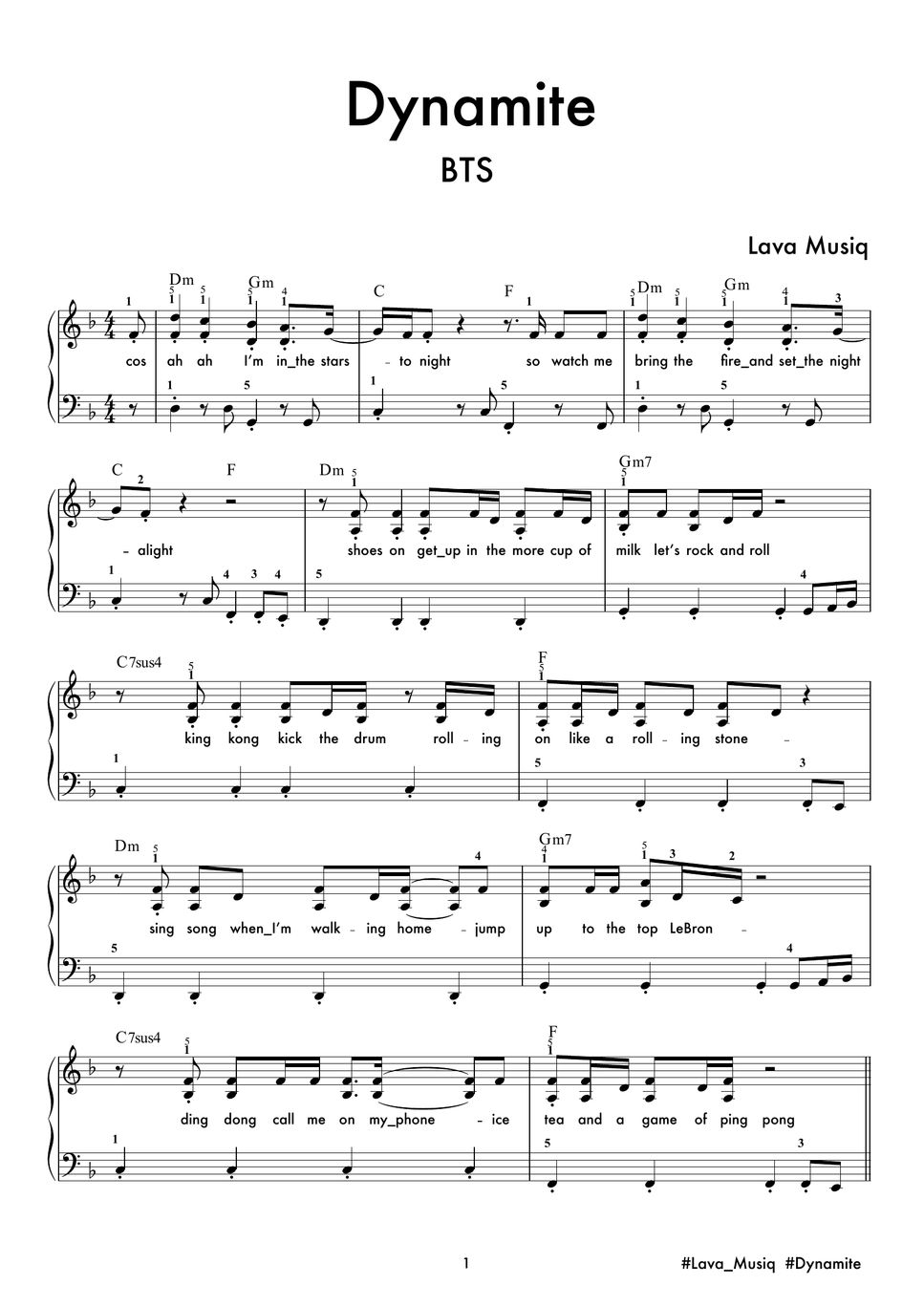 BTS - Dynamite (Easy Sheet) Sheet by Lava