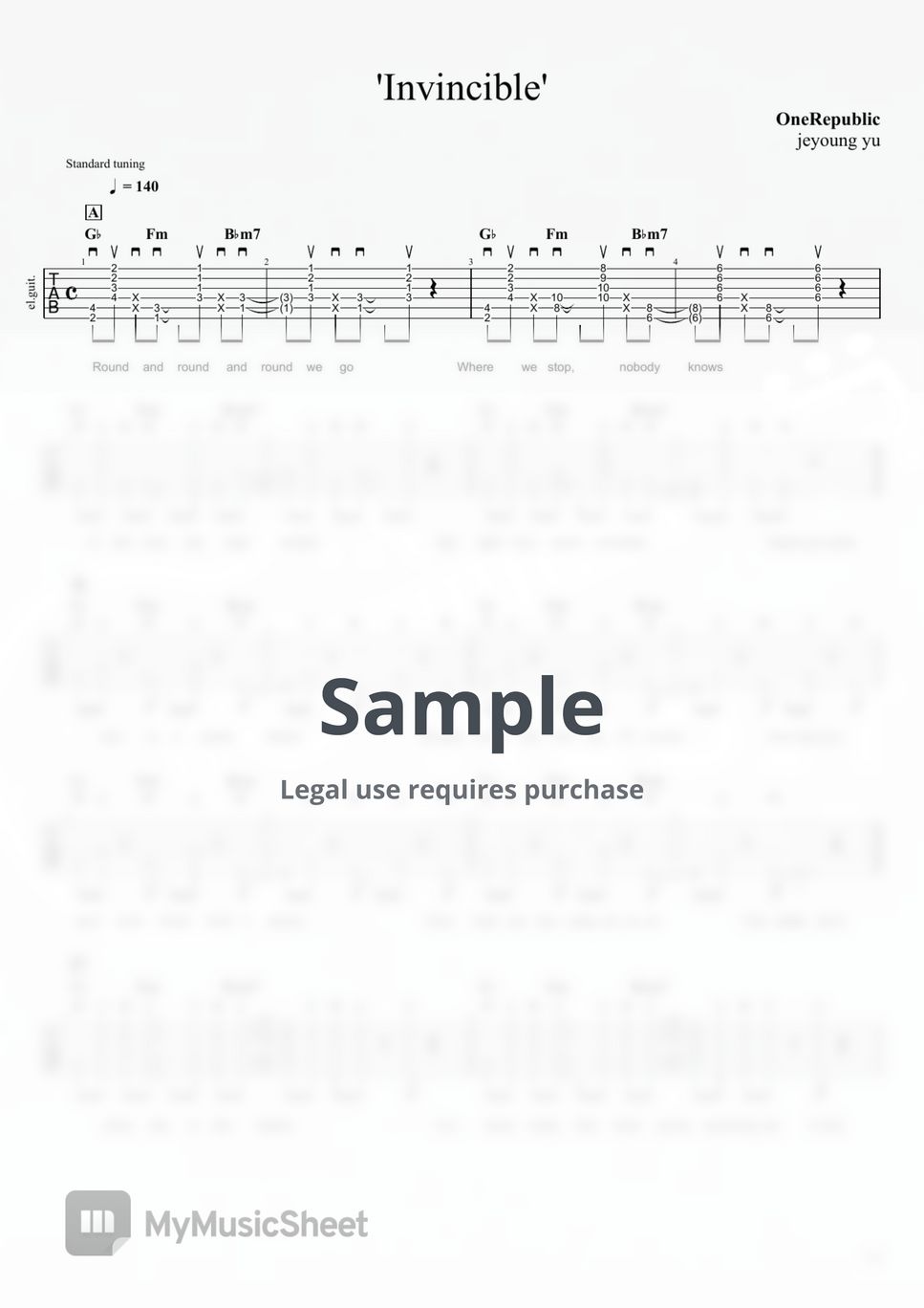 OneRepublic - 『Invincible』 (guitar cover) Sheets by jeyoung yu