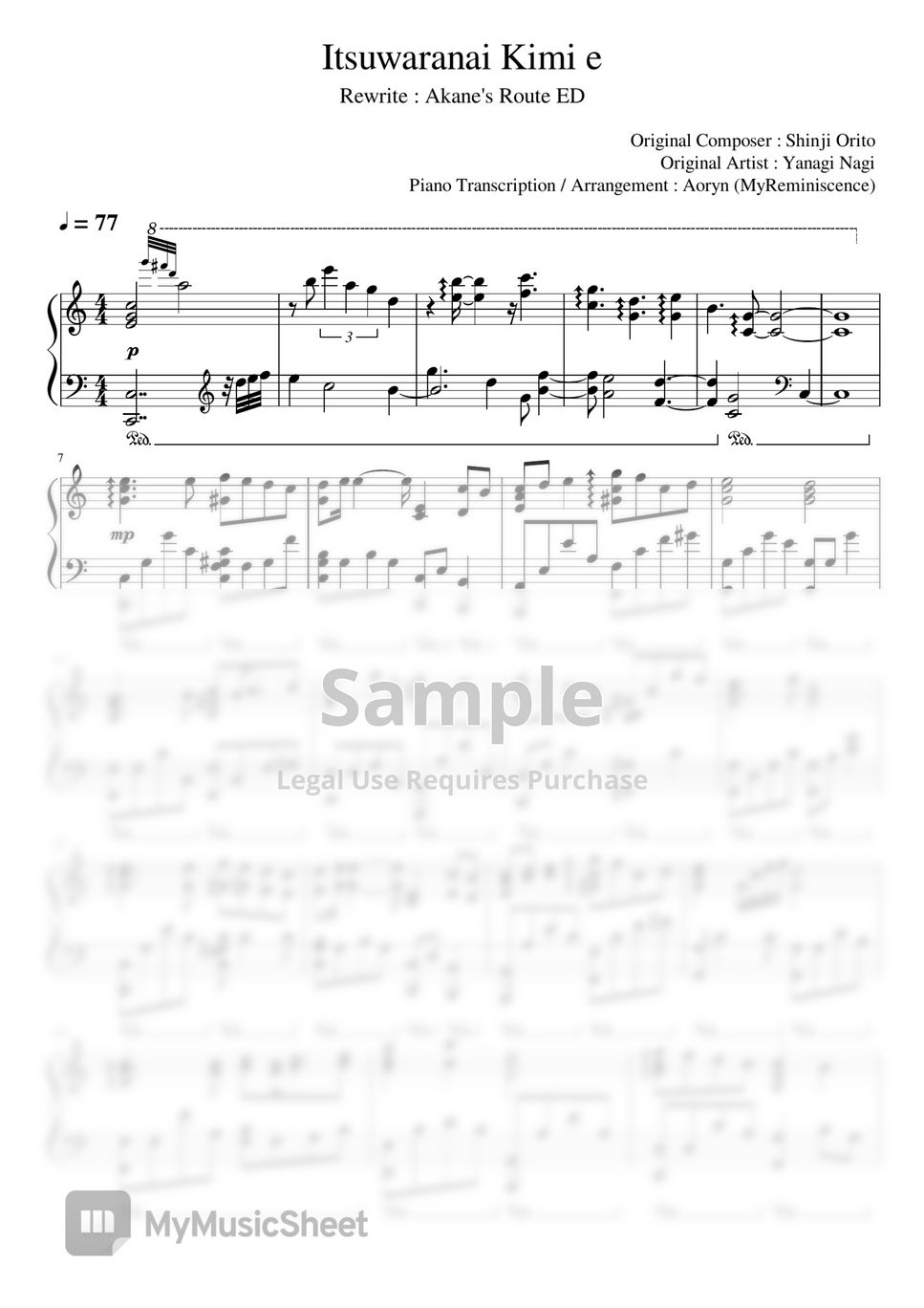 Yanagi Nagi - Itsuwaranai Kimi e (Rewrite, Akane's Route ED) Partitura by Aoryn (MyReminiscence)