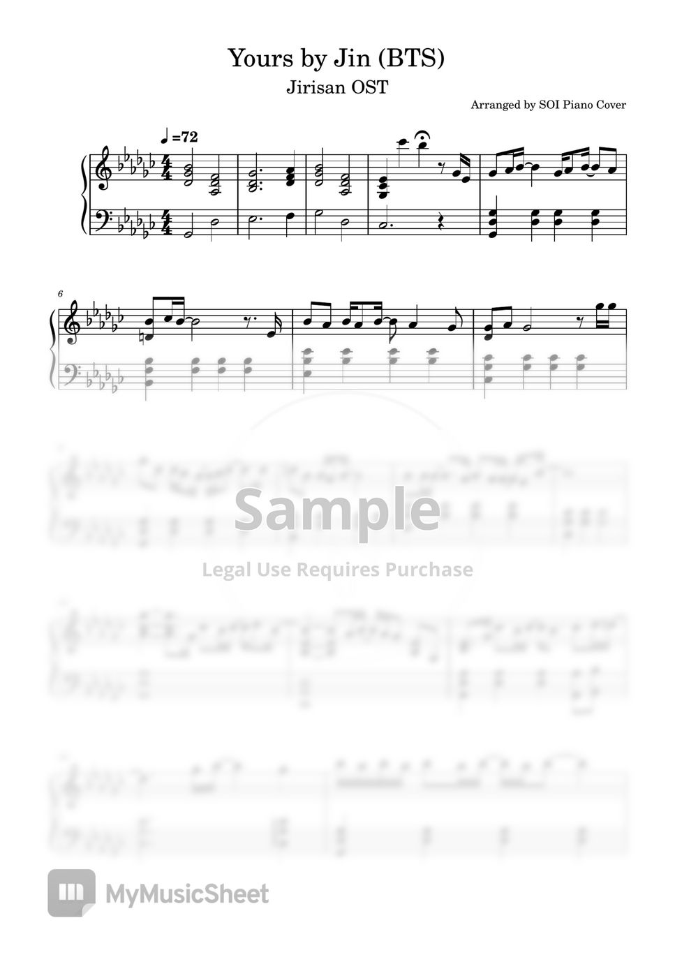 [Jirisan OST] Jin (BTS) - Yours (Solo Piano) Sheet Music by SOI Piano Cover