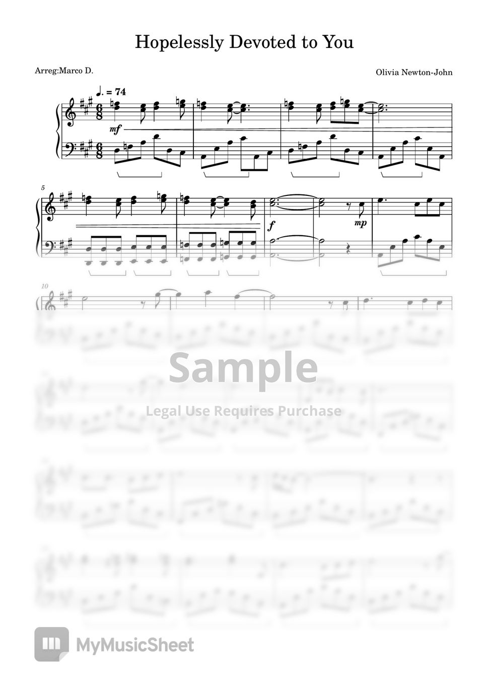 Olivia Newton-John - Hopelessly Devoted to You Sheet Music by Marco D.