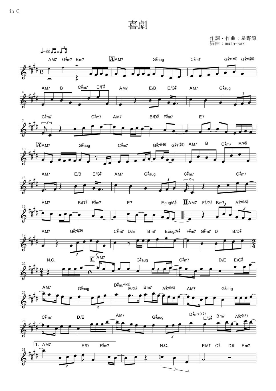 Gen Hoshino - Kigeki (Spy x Family / in C) Sheet by muta-sax