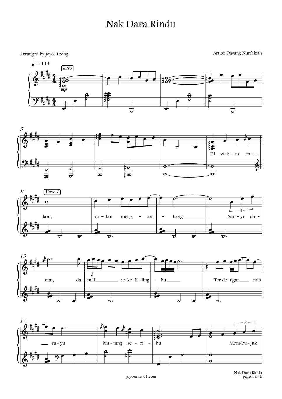 Dayang Nurfaizah - Nak Dara Rindu 악보 by Joyce Leong