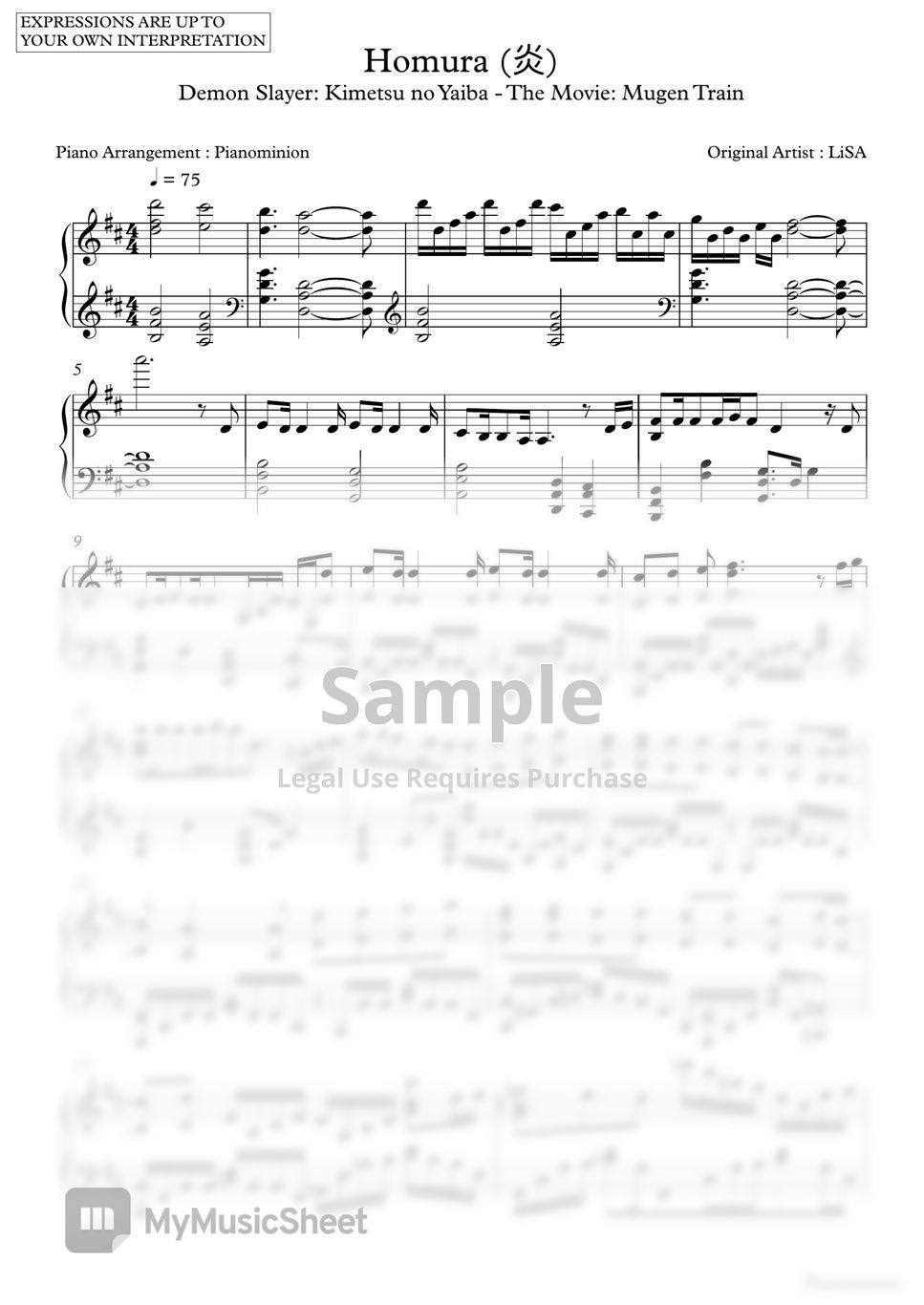 LiSA - Homura (炎) 악보 by Pianominion