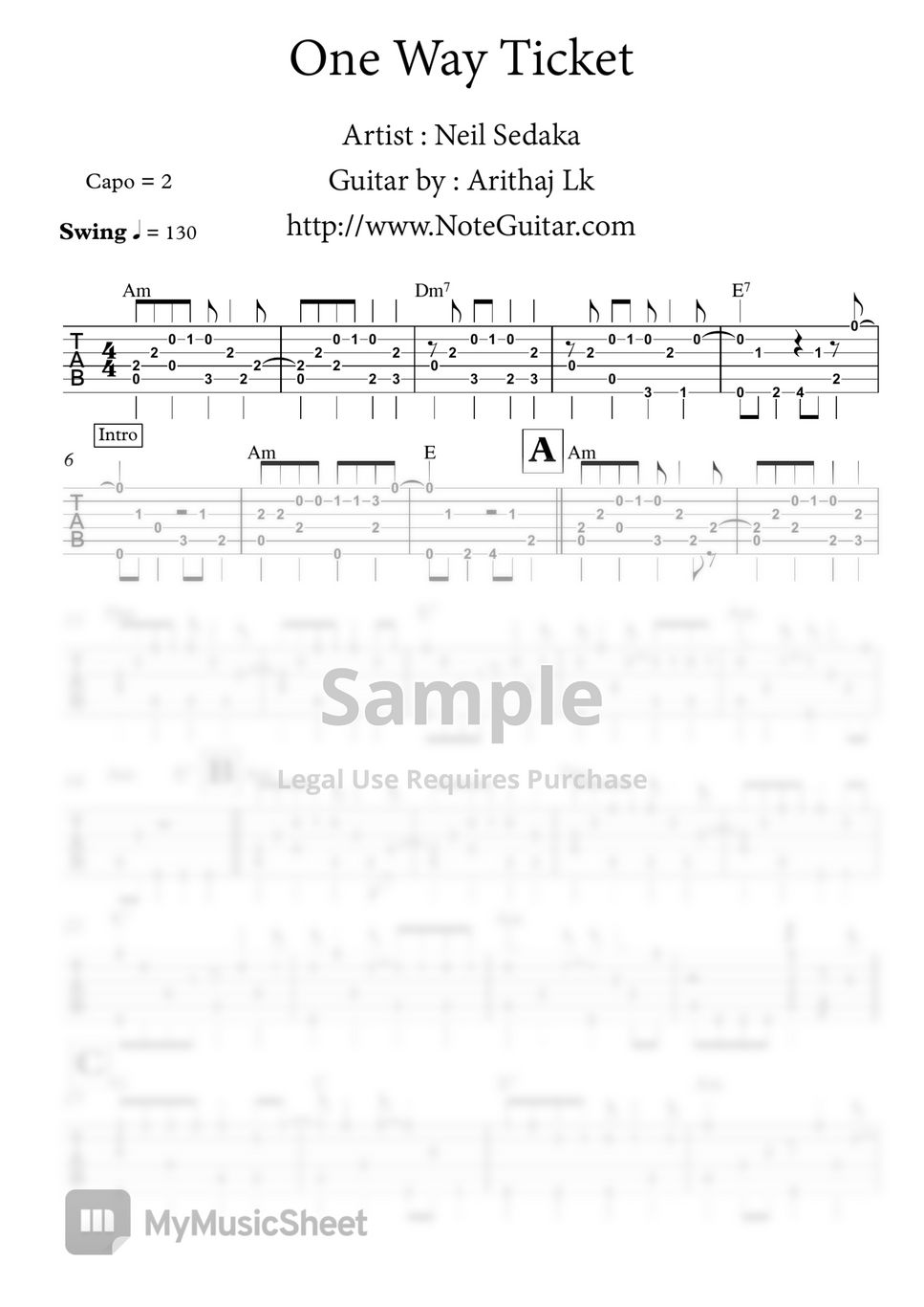 Neil Sedaka - One Way Ticket (Neil Sedaka) - Fingerstyle Guitar 악보 by ...