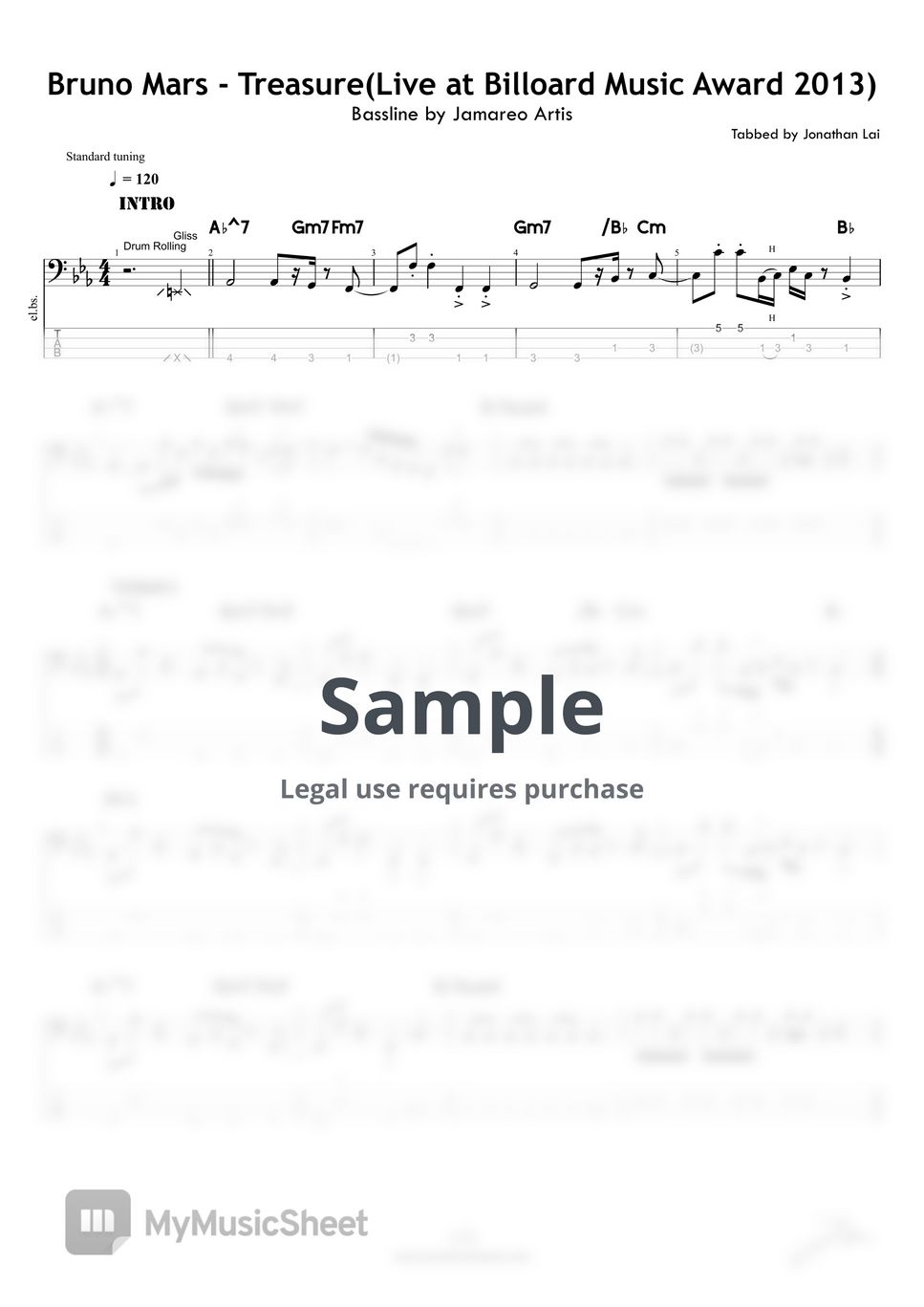 Bruno Mars - Treasure (Live at Billboard Music Award 2013 - Bass Guitar Score) Sheet Music by ...