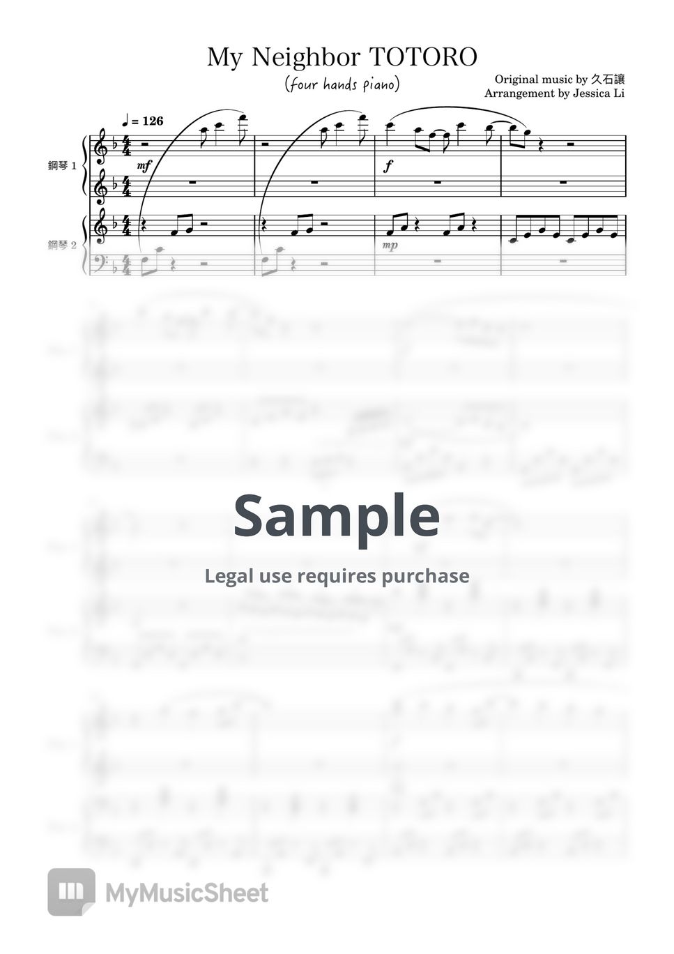 My Neighbor Totoro となりのトトロ Four Hands Piano Sheets By Jessica Li