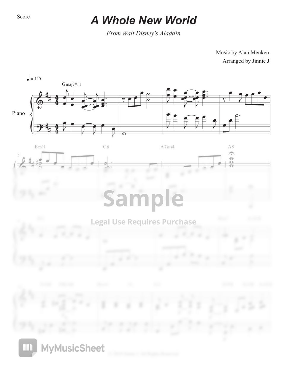 Aladdin OST - A Whole New World (for Piano) Sheets by Jinnie J