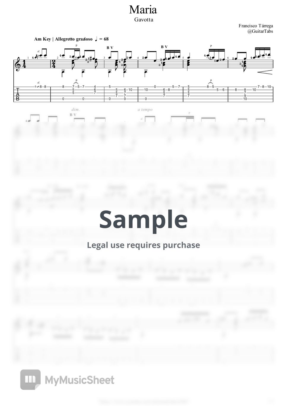 F. Tarrega - Maria(Gavotta) (오선+타브+운지(Staff+TAB+Fingering)) TAB+1 Staff ...