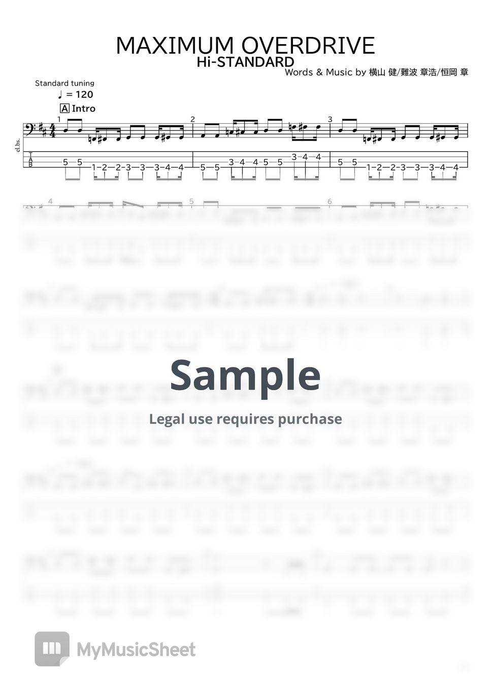 Hi-STANDARD - MAXIMUM OVERDRIVE Sheet Music by たぶべー@財布に優しいベース楽譜屋さん(BASS ...