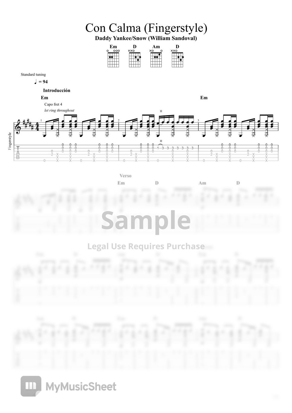 Daddy Yankee/Snow - Con Calma (Fingerstyle) Tab + 1staff by William ...