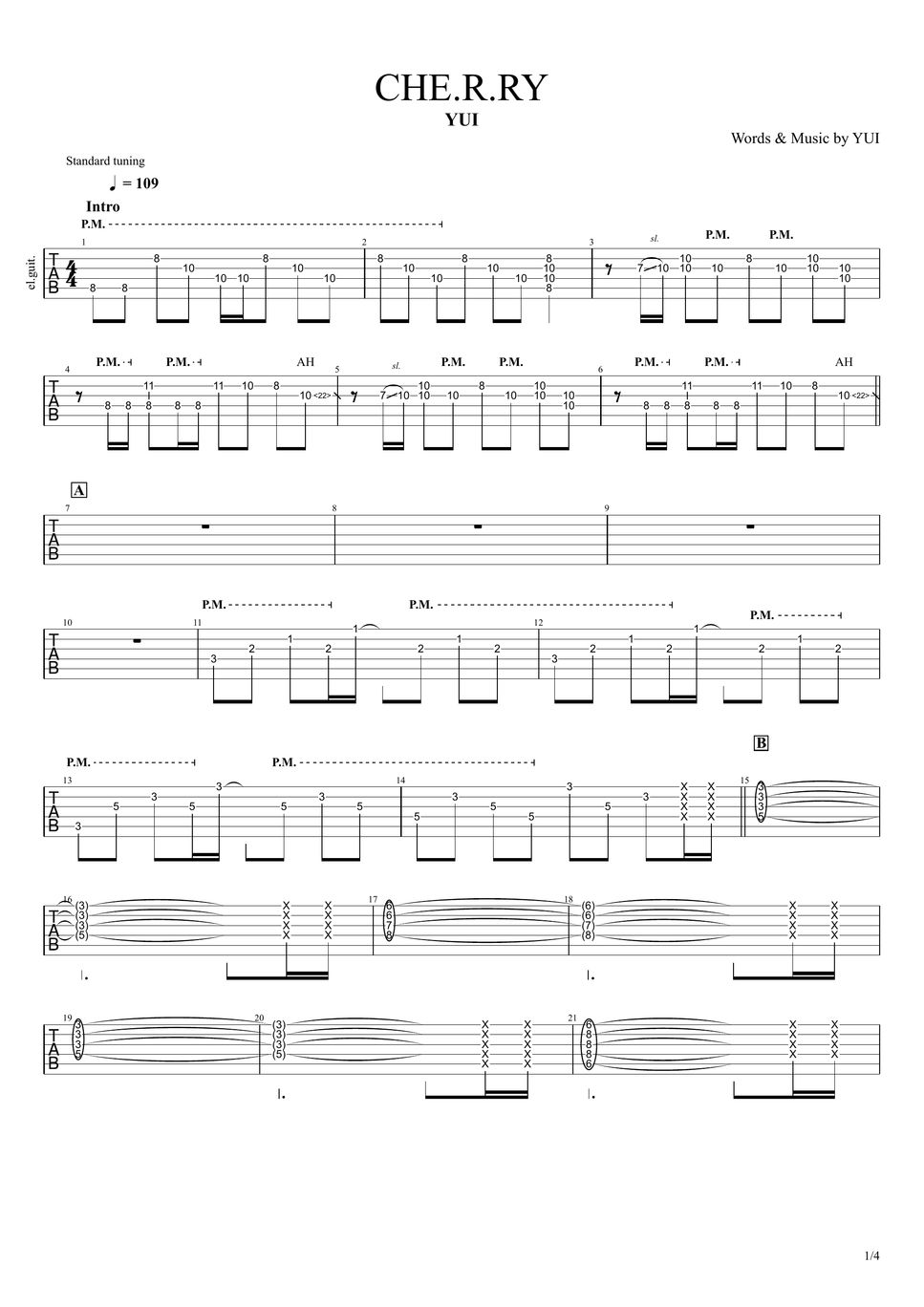 YUI - CHE.R.RY【E.Guit.TAB】 Partitura by mayugezio