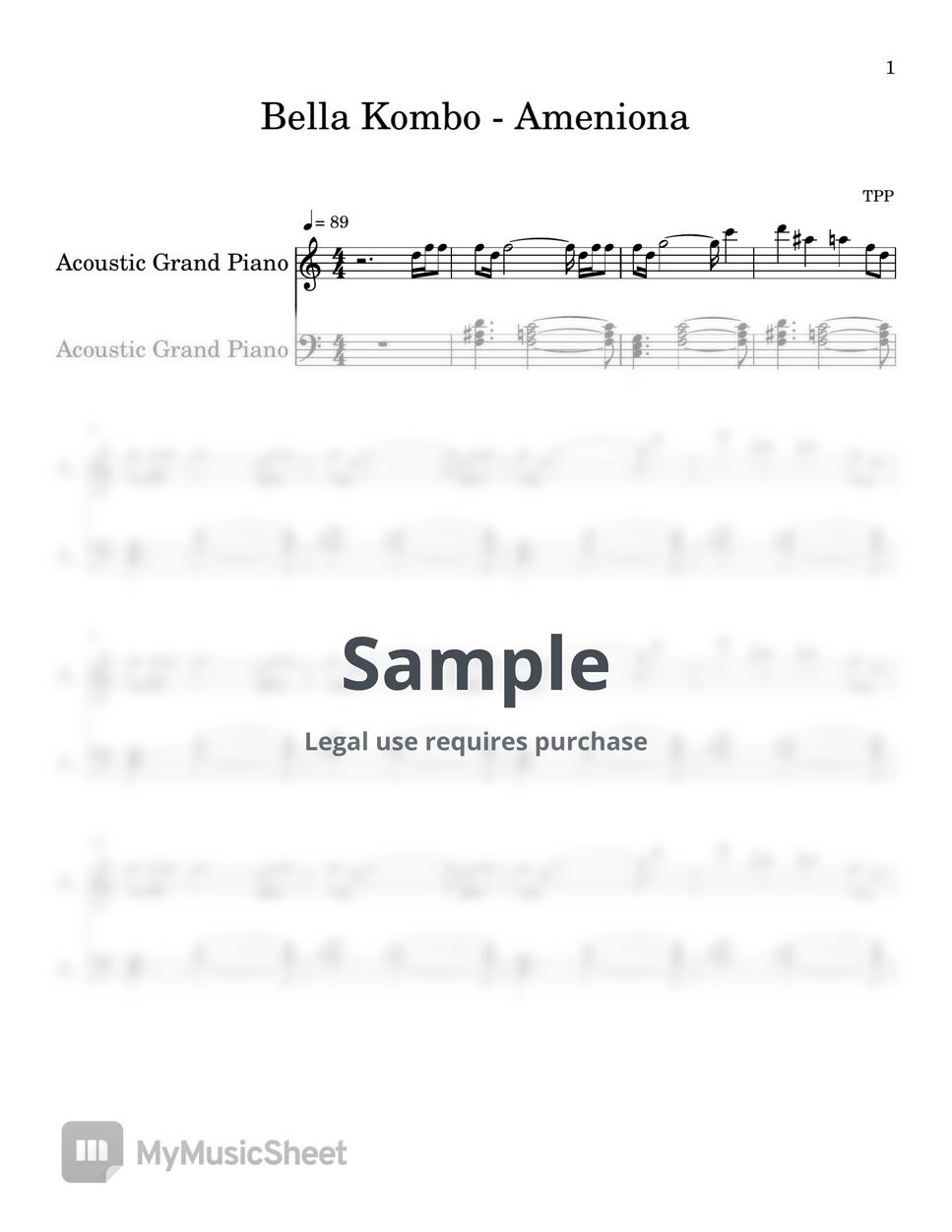 Bella Kombo - Ameniona (PIANO SHEET) 악보 by TPP