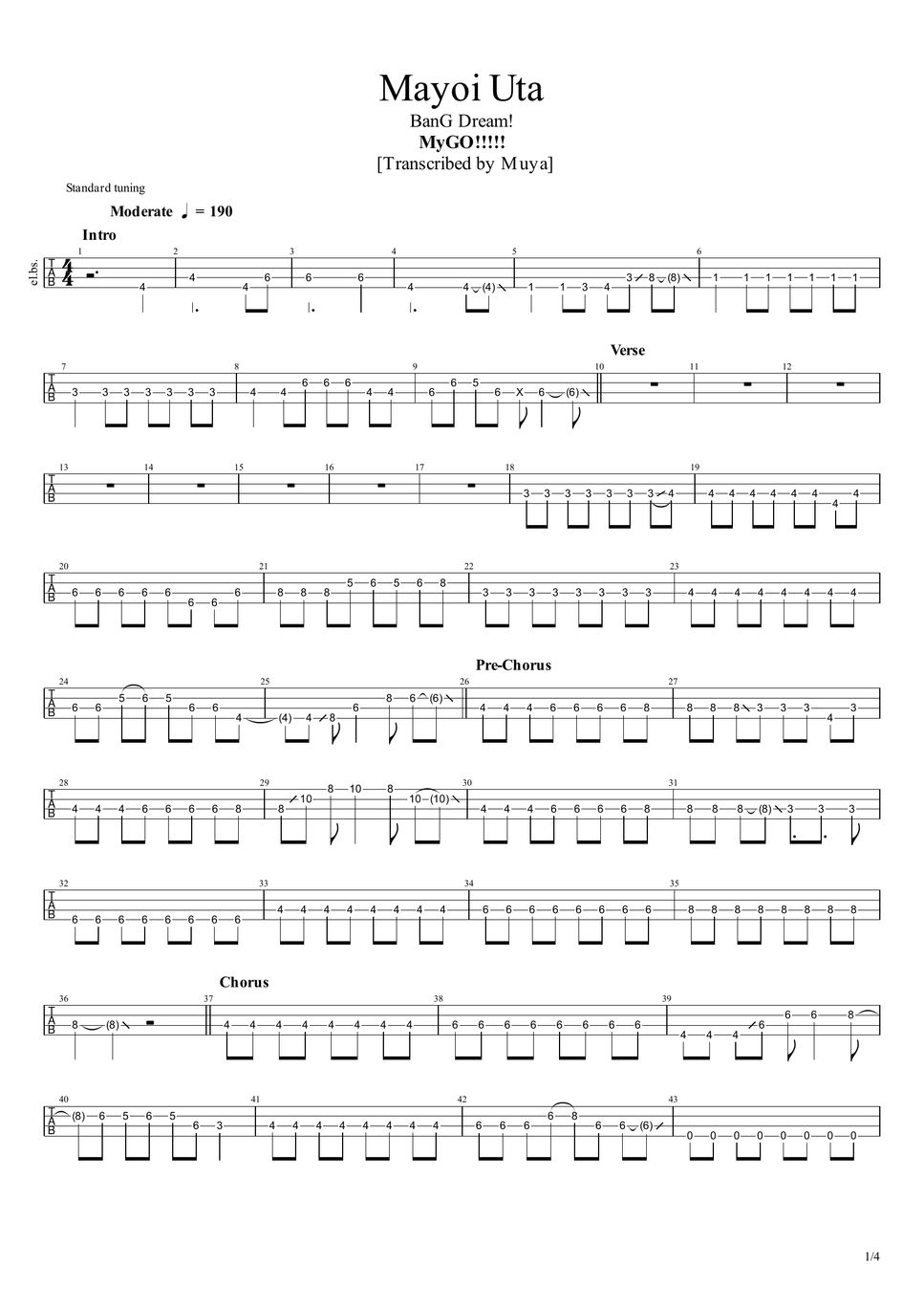 MyGO!!!!! - Mayoi Uta (Bass TAB) 楽譜 by Muya