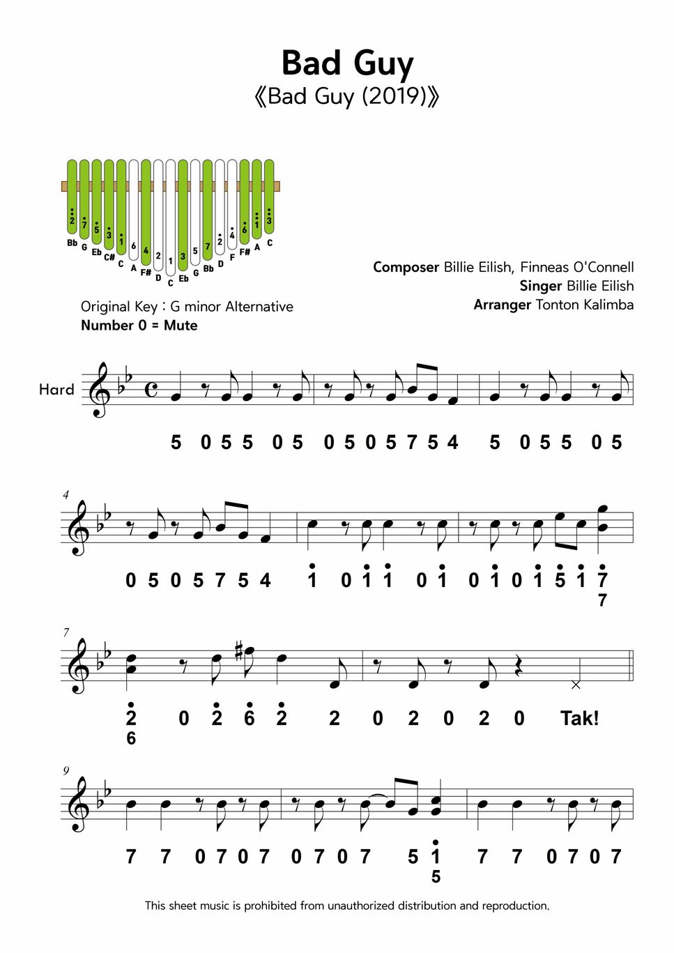 Billie Eilish - Bad Guy (Hard) Sheet by Tonton Kalimba