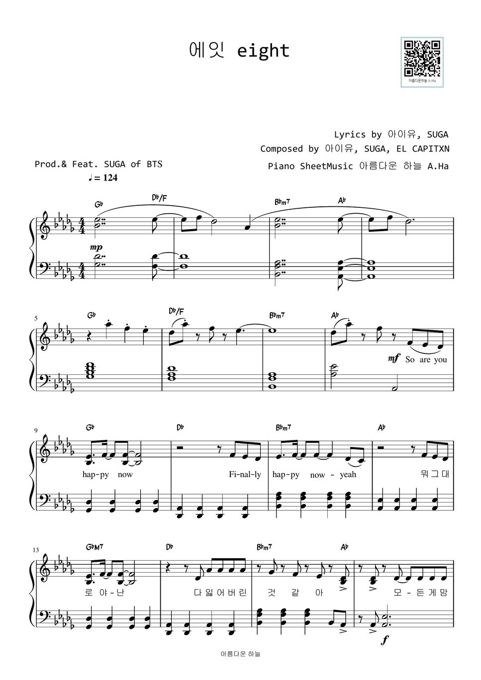 IU 아이유 & BTS SUGA - eight 에잇 (Original Key) Sheets by A.Ha