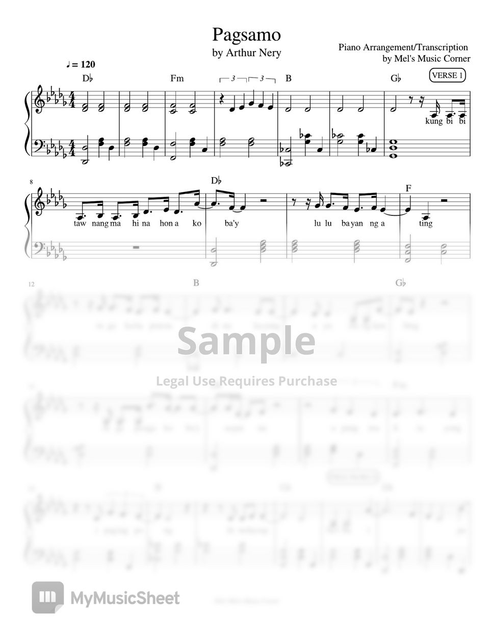 Arthur Nery - Pagsamo (piano sheet music) 악보 by Mel's Music Corner