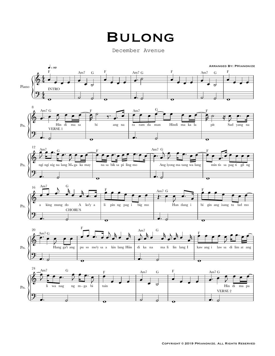 December Avenue - Bulong (Easy Version) Sheet by PHianonize