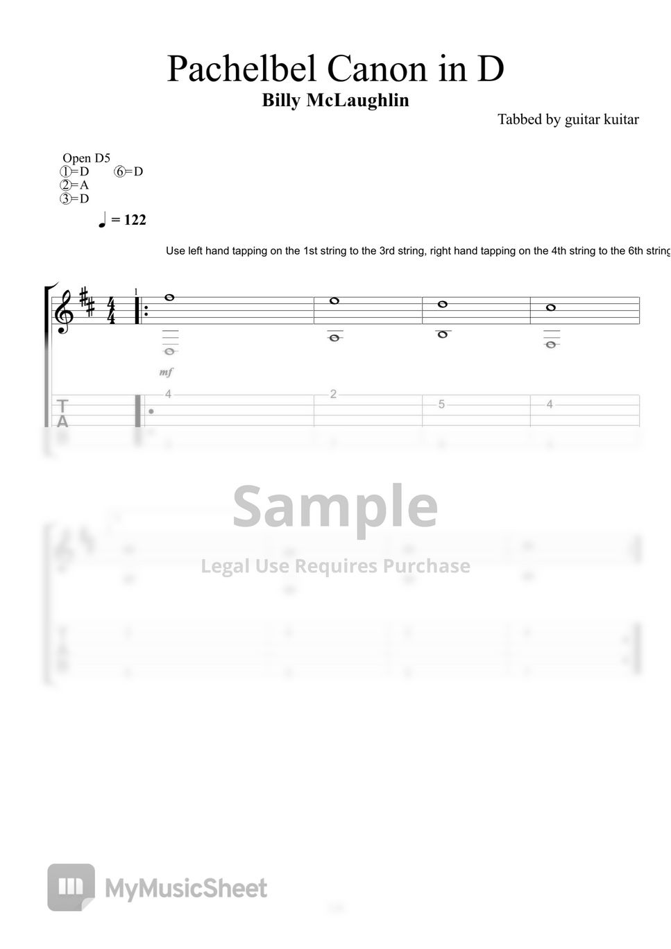 Billy McLaughlin - Pachelbel Canon in D (TAB Sheet Music) TAB+1 Staff ...