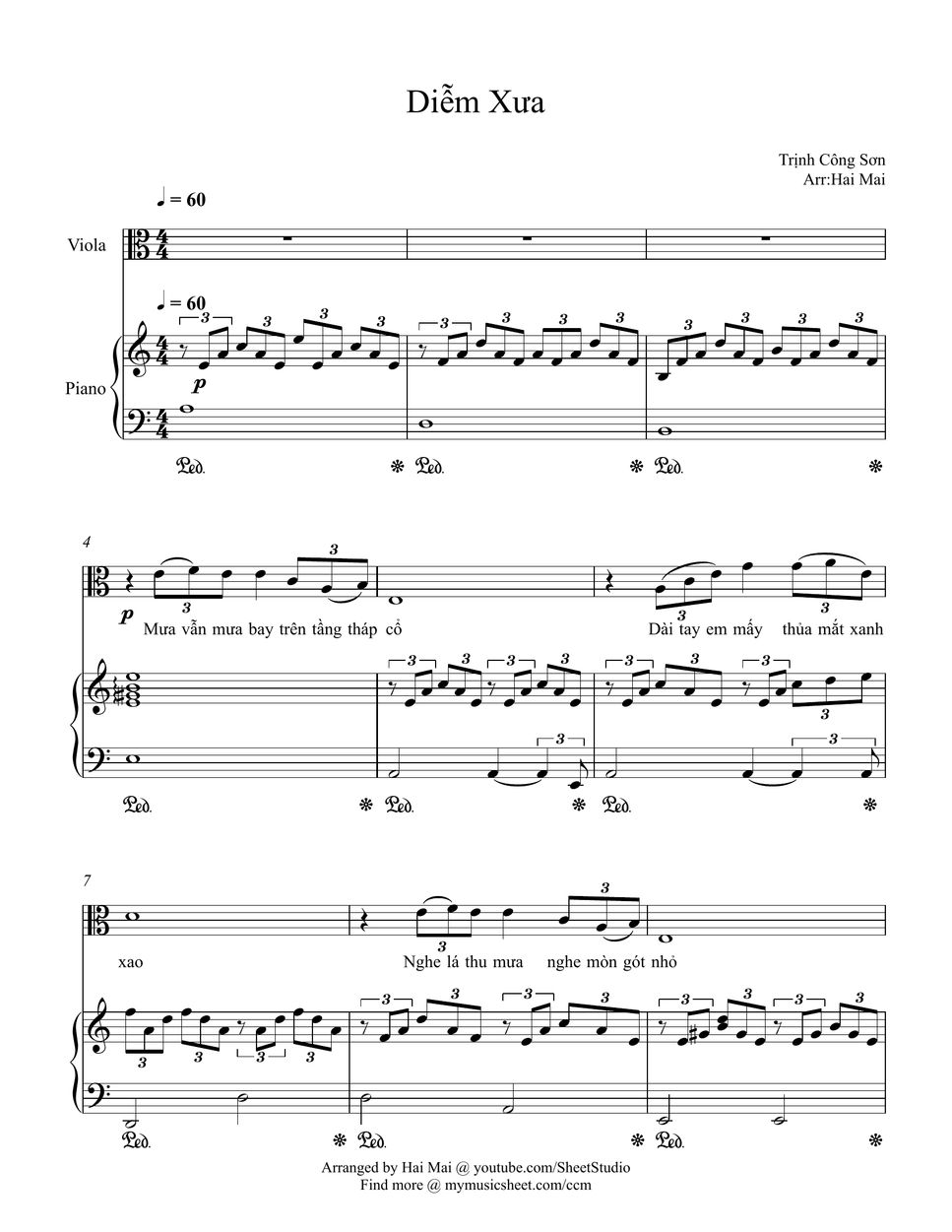 Diem Xua for Viola and Piano Accompaniment Sheets by Hai Mai