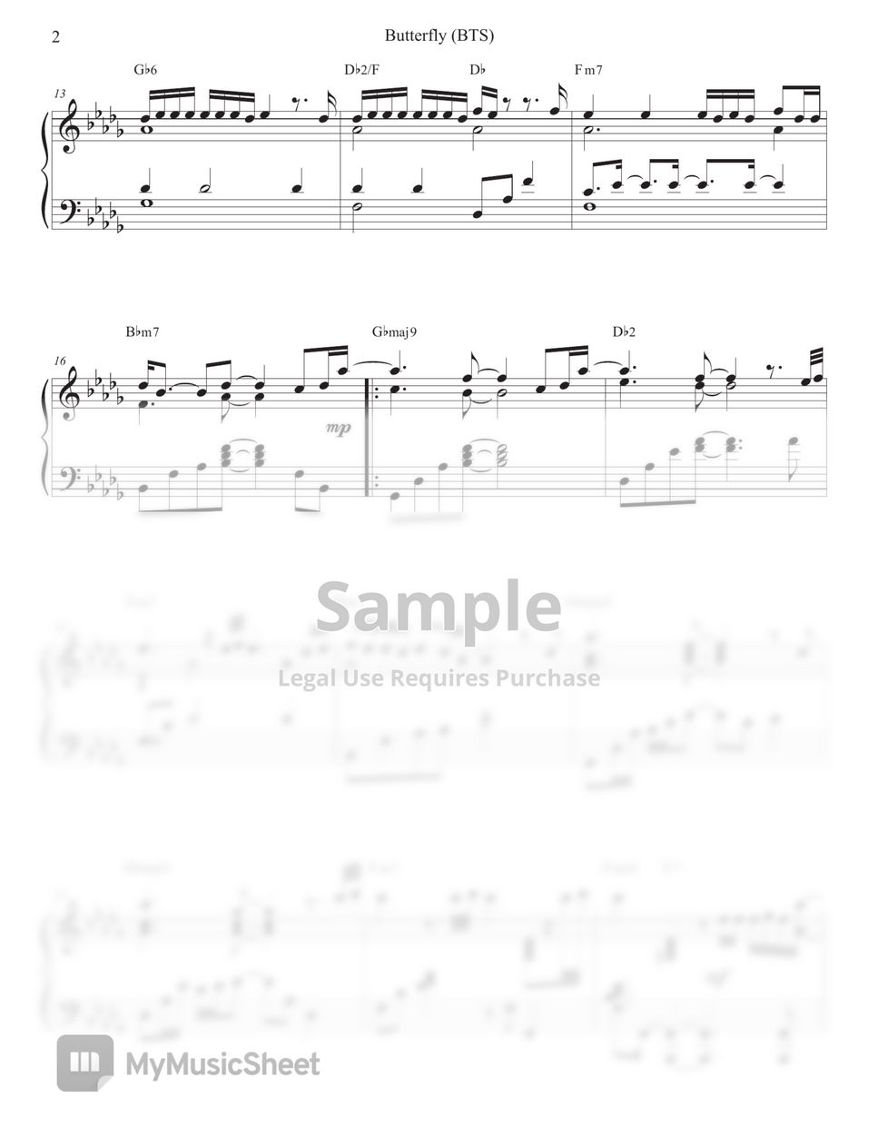 Bts 방탄소년단 Butterfly For Piano 악보
