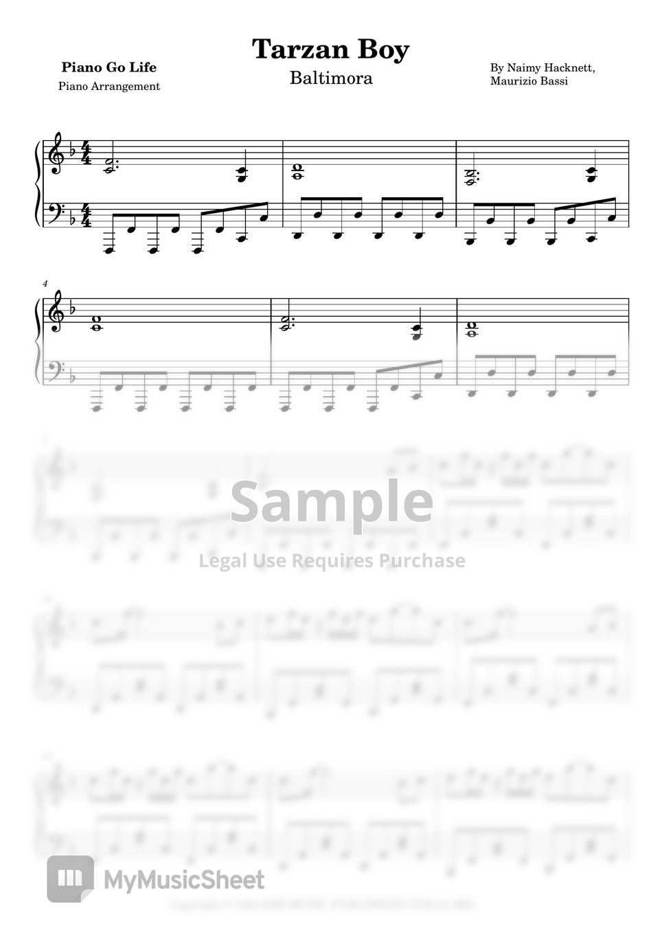 Baltimora - Tarzan Boy Sheet by Piano Go Life