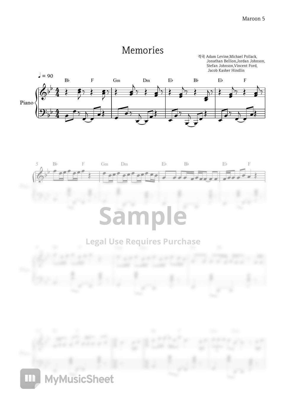 Maroon 5 - Memories (Easy version) 악보 by PIANOiNU