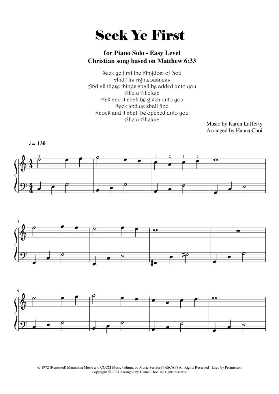Karen Lafferty Seek Ye First 먼저 그나라와 의를 구하라 Easy Piano Solo Spartito