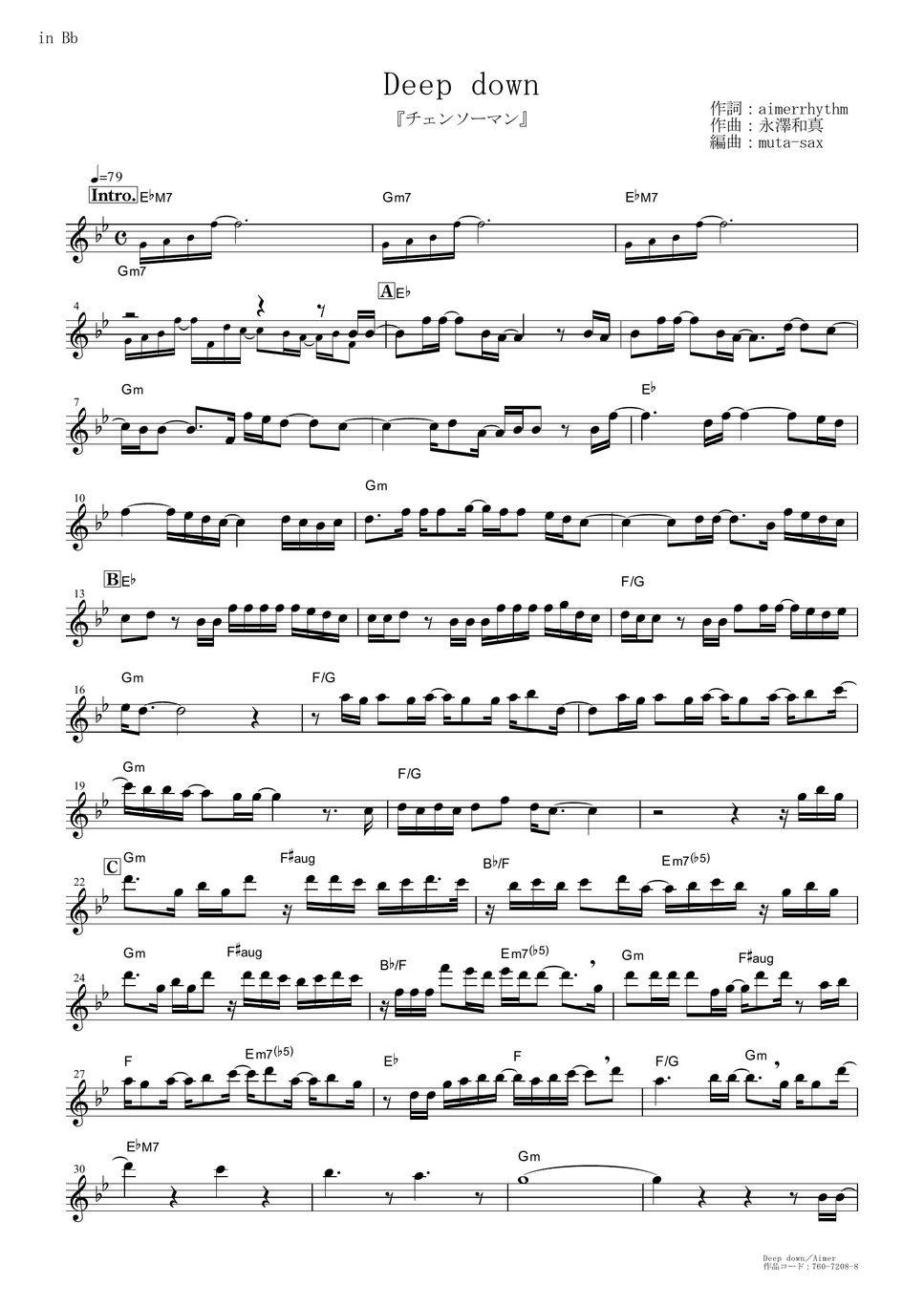 Aimer - Deep down (Chainsaw Man / in Bb) Sheet by muta-sax