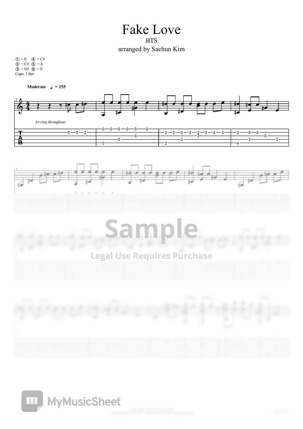 (BTS) Fake love - fingerstyle guitar | Saehun Kim 악보