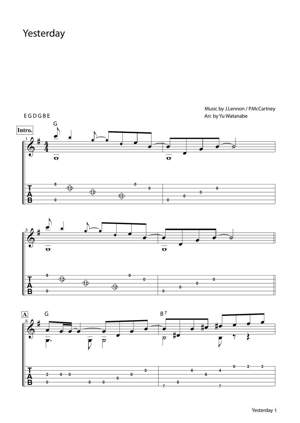 The Beatles - Yesterday Tab + 1staff by Yu Watanabe/わたなべゆう