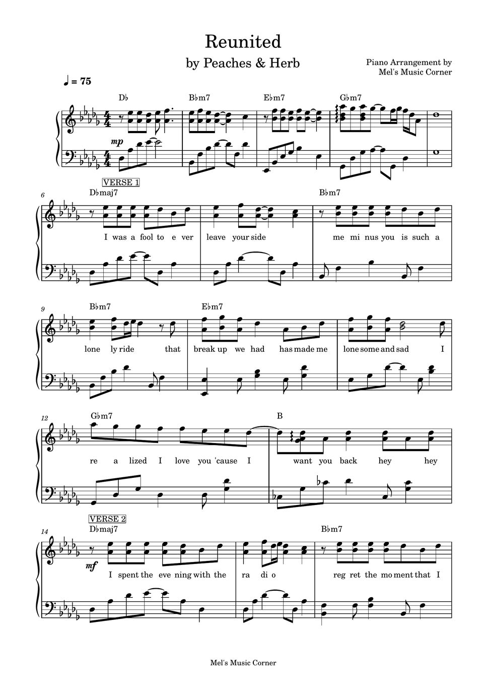Peaches & Herb - Reunited (piano sheet music) Notenblatt by Mel's Music ...