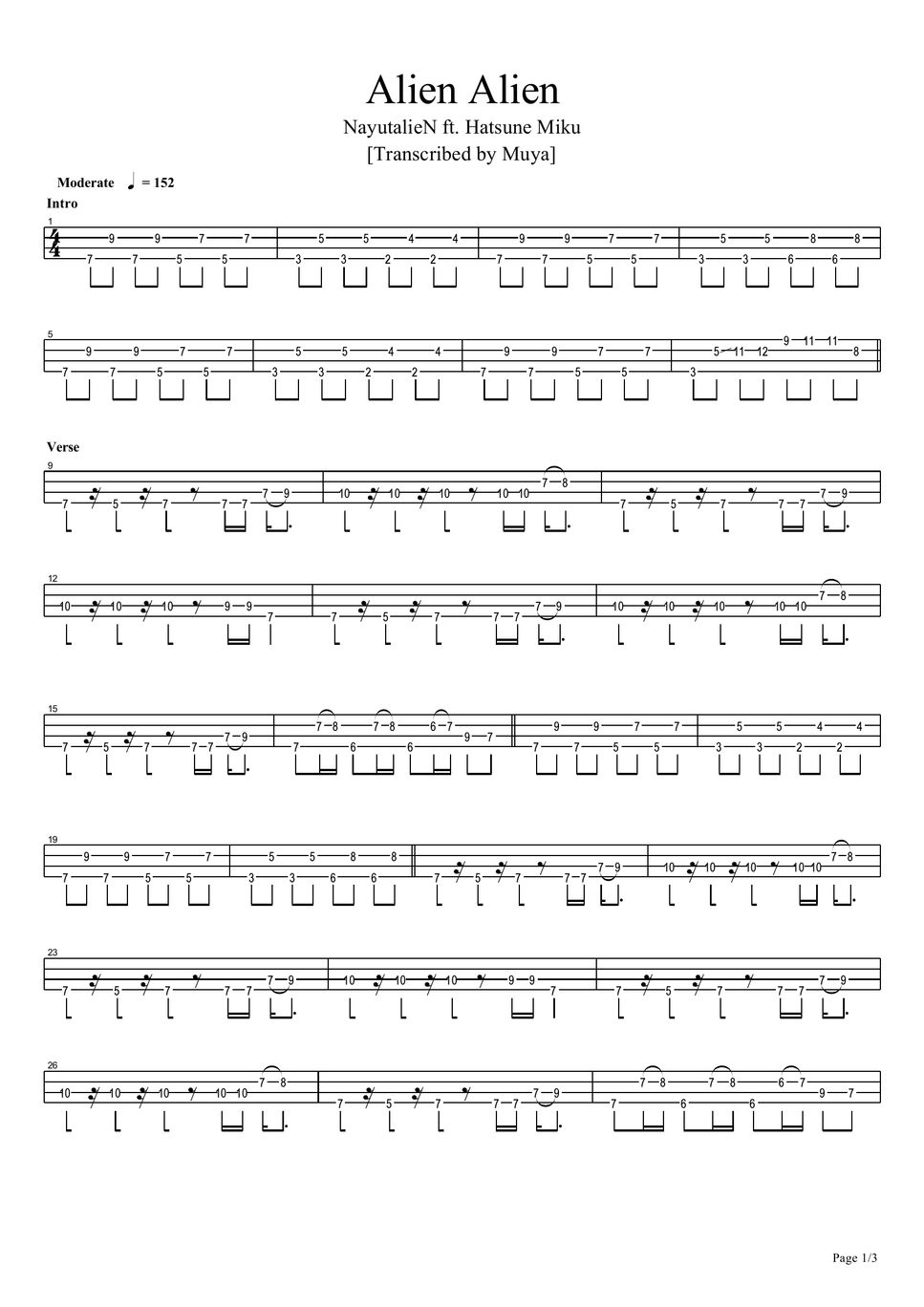 NayutalieN - Alien Alien (Bass TAB) Sheet Music by Muya