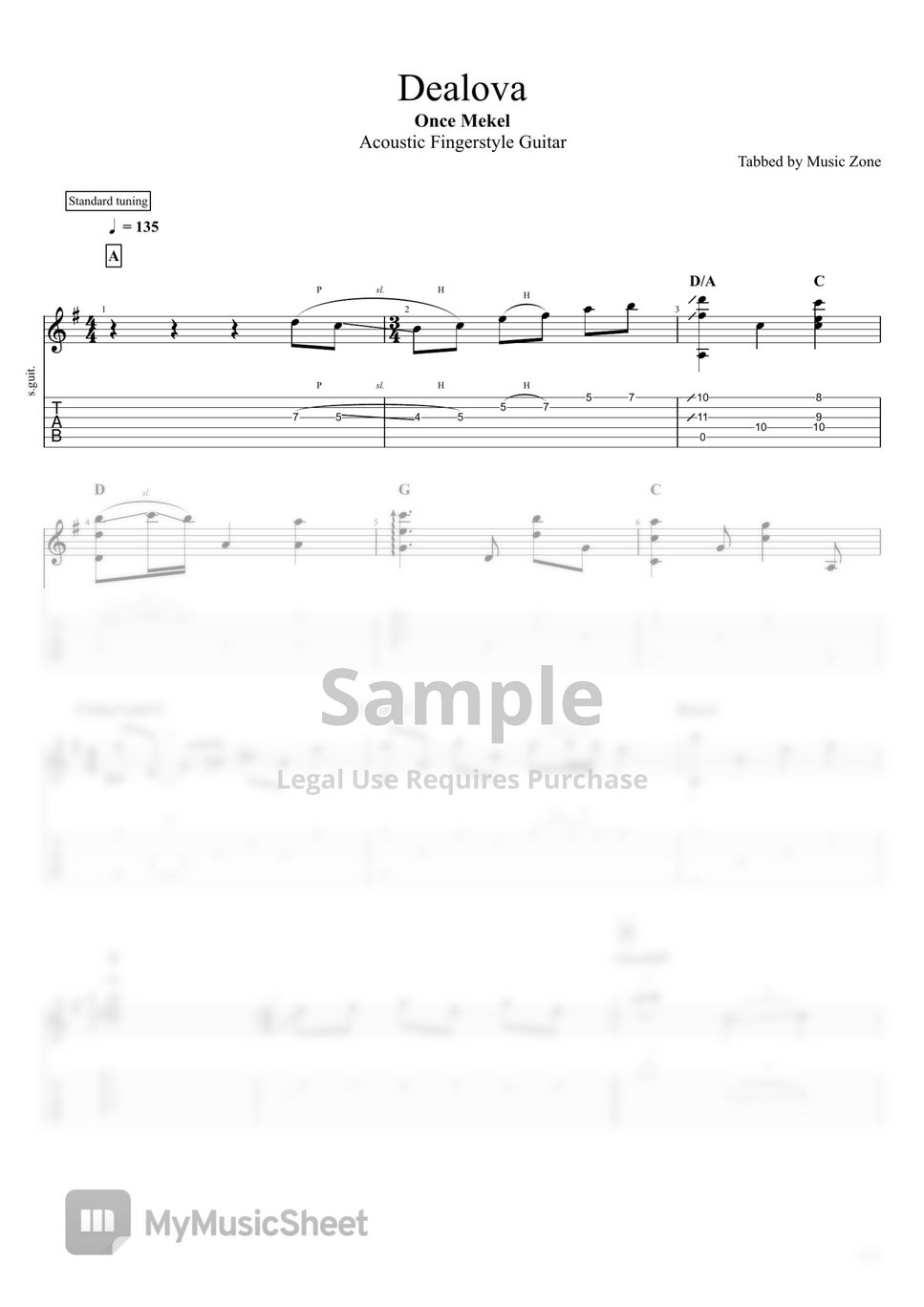 Once Mekel - Dealova (Fingerstyle Guitar) TAB+1 Staff by Music Zone