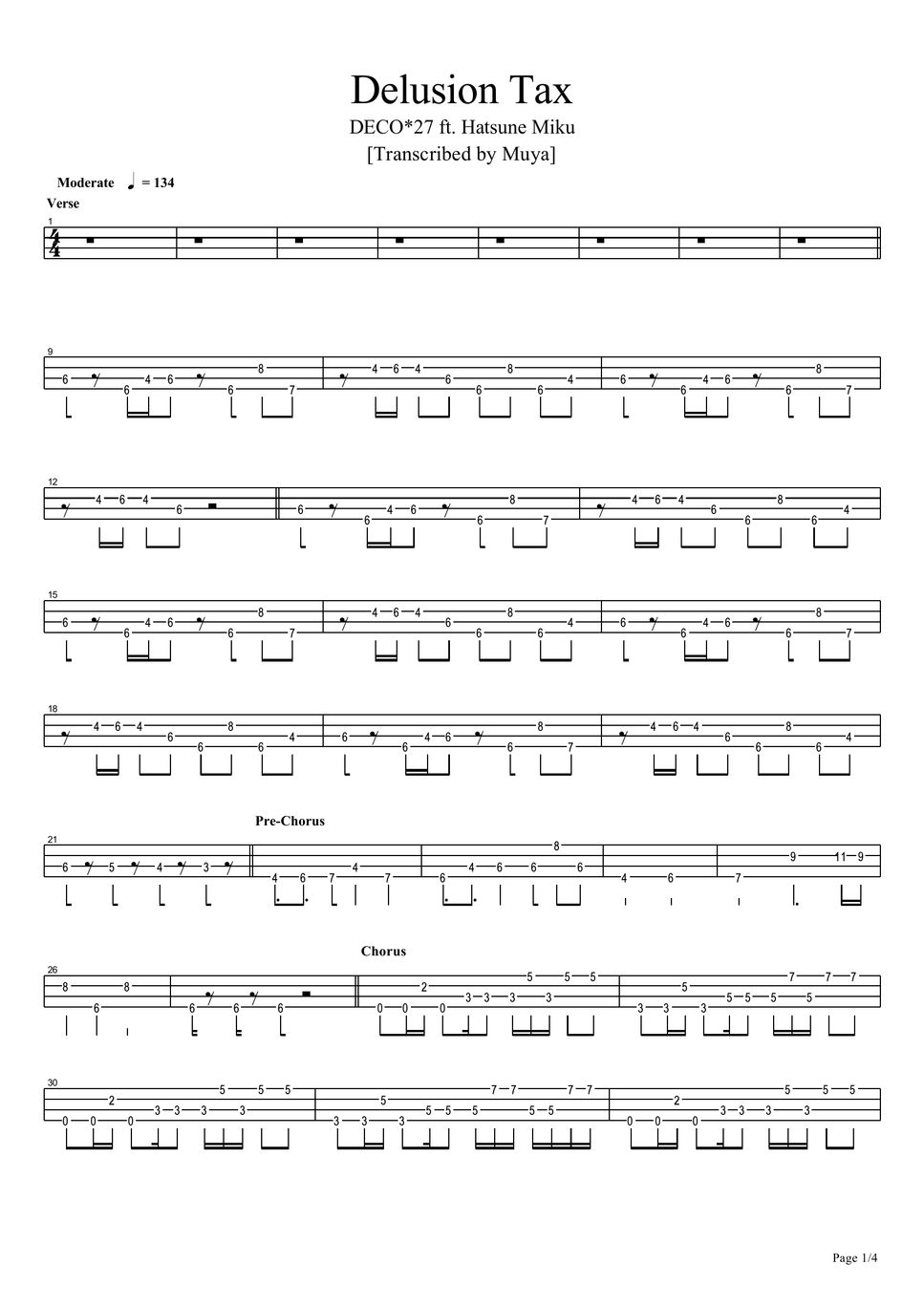 DECO*27 - Delusion Tax (Bass TAB) Sheets by Muya