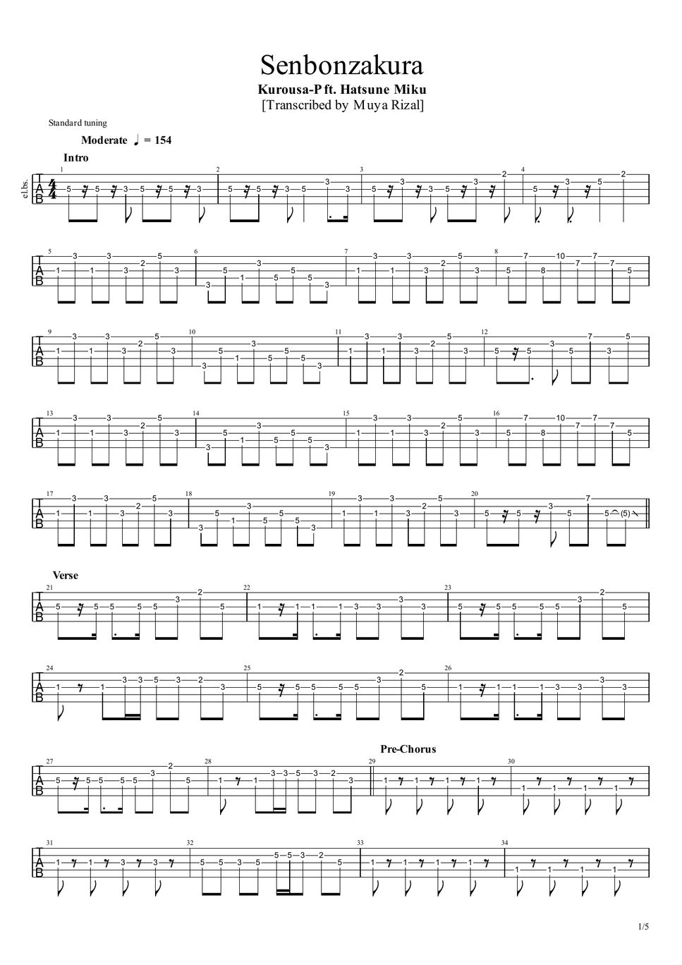 Kurousa-P - Senbonzakura (Bass TAB) Sheet Music by Muya